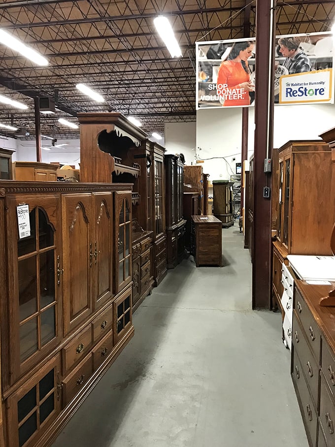 Wooden furniture heaven stretches as far as the eye can see. Like an IKEA showroom, but everything's already assembled and comes with character instead of an Allen wrench.