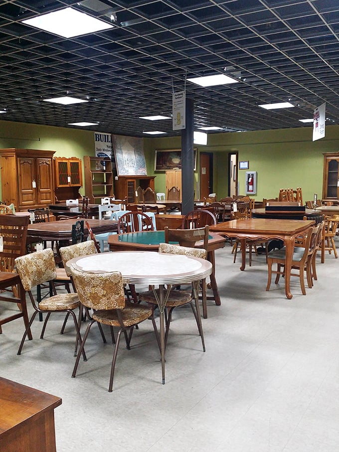 Mid-century meets modern in the furniture section, where dining sets from different decades sit in silent conversation with each other.