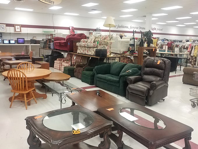 Living room furniture from every decade creates a time-traveling showroom of American comfort.