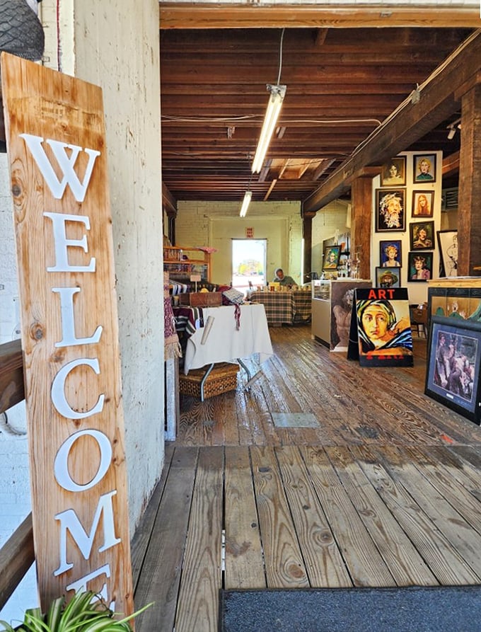 "WELCOME" indeed to this rustic art gallery. The wooden floors have supported countless treasure hunters before you.