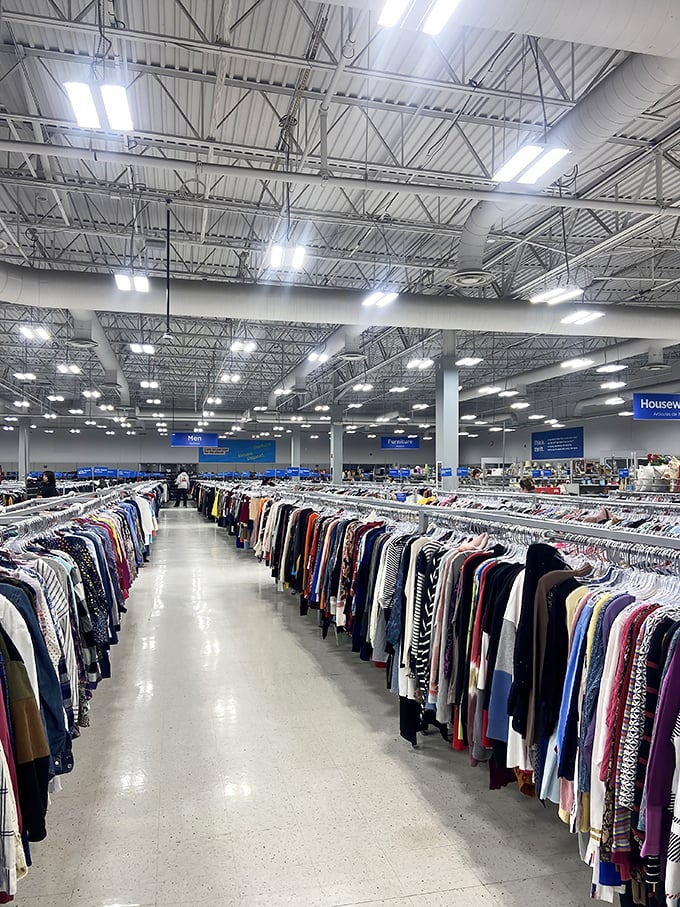 Clothing racks stretching to infinity – the retail equivalent of "I'll just have one more potato chip" for dedicated thrift hunters.