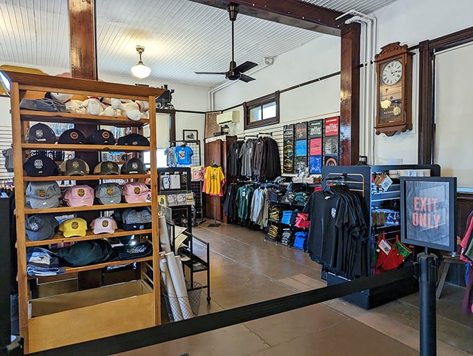 The gift shop—where train enthusiasts come for souvenirs and leave with more train enthusiasm. Hat collections that would make any conductor proud.