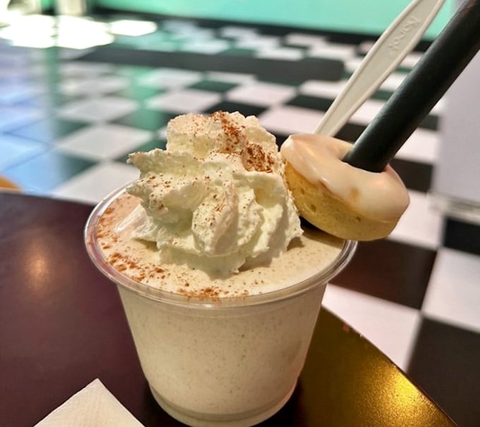 The shake that launched a thousand road trips. That perfect swirl of whipped cream, sprinkled cinnamon, and homemade donut makes resistance futile.