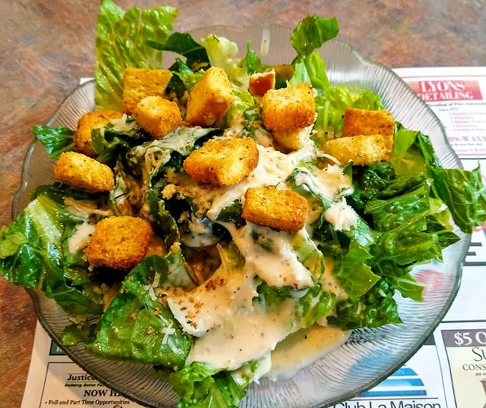 A Caesar salad that Julius himself would approve of. Those golden croutons aren't just toppings—they're the supporting actors in this leafy drama.