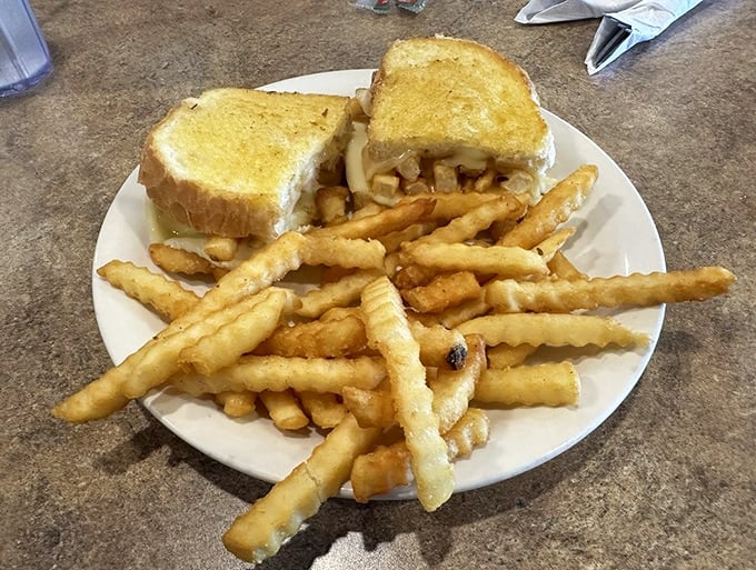 This grilled cheese isn't messing around—golden, buttery, and flanked by an honor guard of perfectly crisp fries. Childhood comfort with grown-up execution.