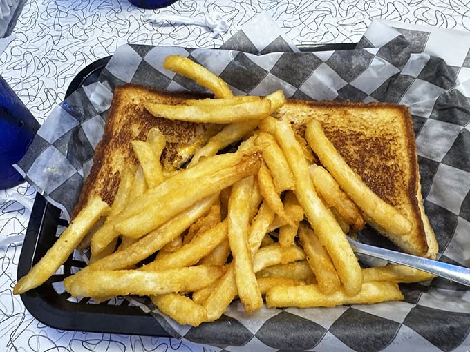 Golden-brown grilled cheese and perfectly crisp fries—proof that sometimes the simplest combinations are culinary magic that needs no improvement.