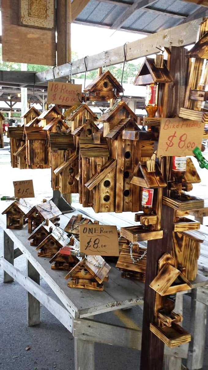 Handcrafted birdhouses await feathered tenants—real estate so charming even humans might consider downsizing.