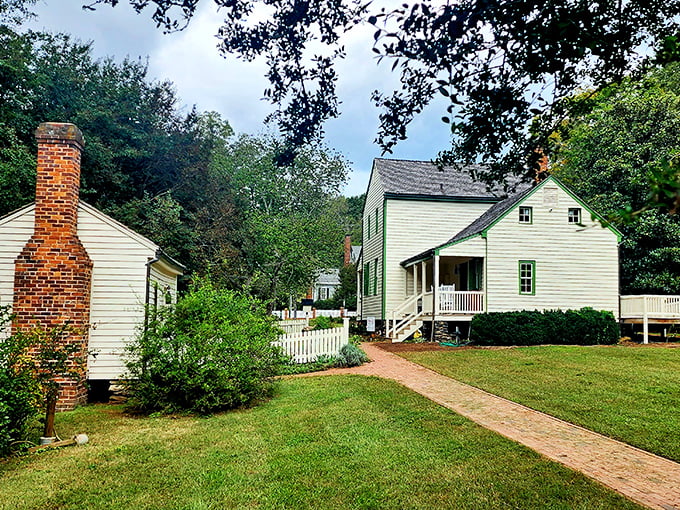 Historic white cottages with brick chimneys whisper tales of simpler times and front-porch wisdom.