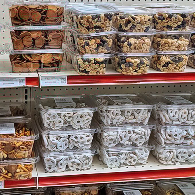 Snack heaven organized with military precision. Those yogurt-covered pretzels aren't just calling your name—they're practically shouting it.