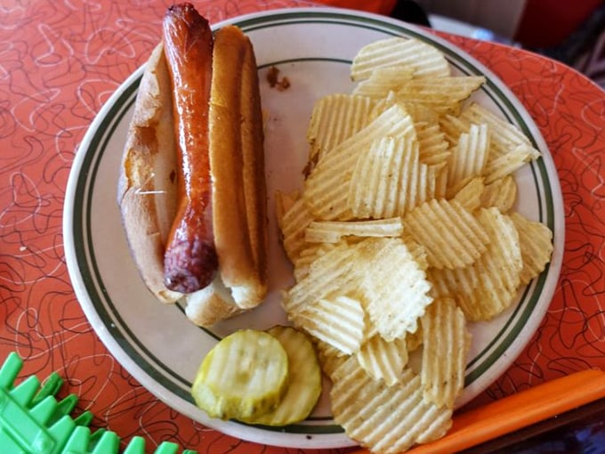 The classic hot dog comes dressed for success with a side of ridged potato chips—proof that simple pleasures are often the most satisfying.