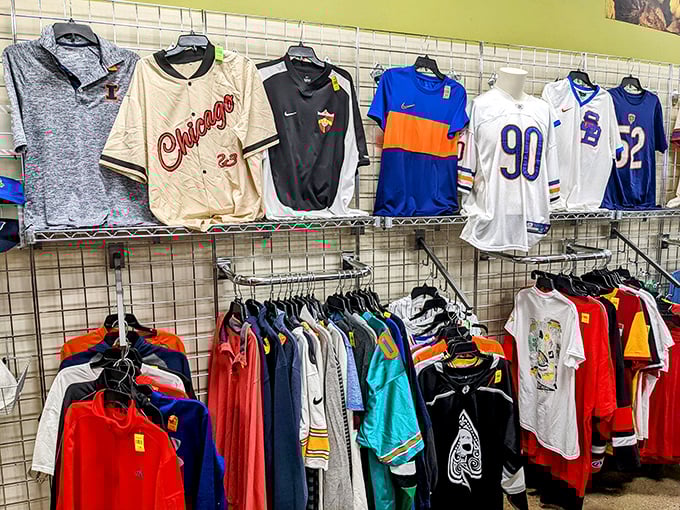 Chicago sports loyalty on display—Cubs, Bears, and Bulls jerseys waiting for their next superfan. The passion remains, the price tag doesn't.