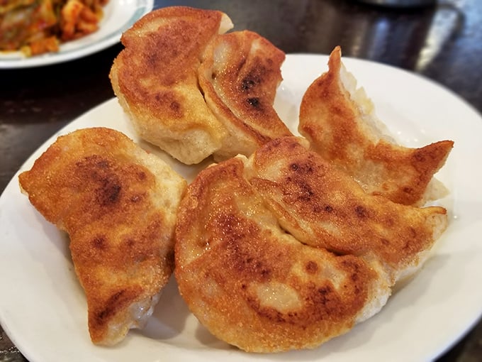 Pan-fried potstickers with perfectly crisped bottoms – the mullets of the dumpling world. Business on top, party on the bottom.
