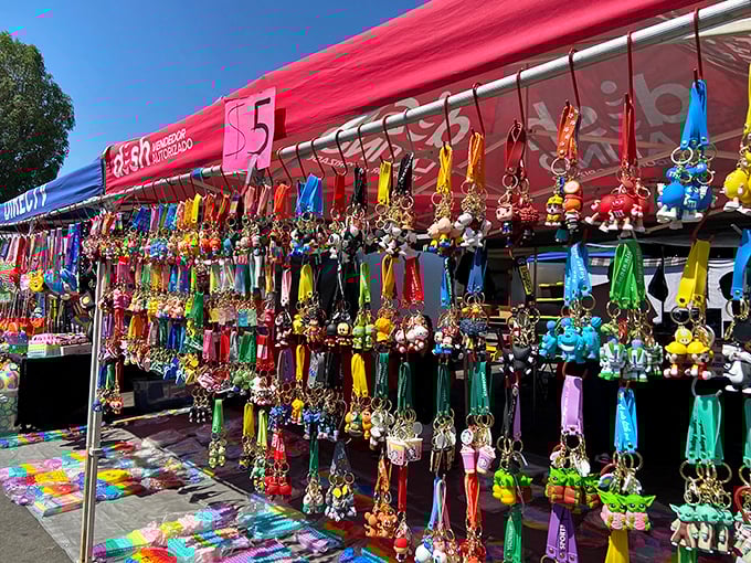 A kaleidoscope of keychains and trinkets dangles in the California sunshine, proving that sometimes the smallest treasures create the biggest smiles.