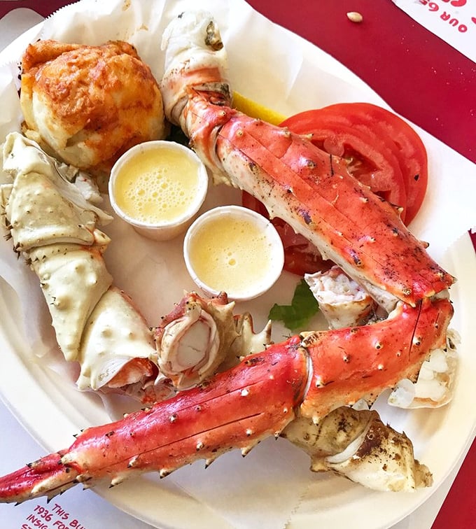 King crab legs so impressive they deserve their own royal procession. That drawn butter isn't just a condiment – it's liquid gold waiting to elevate each sweet, tender bite.