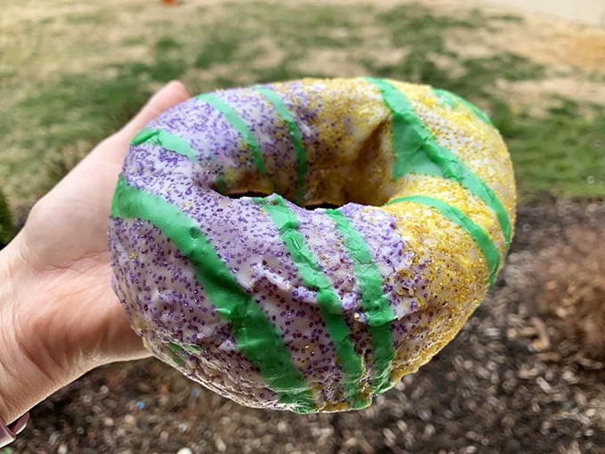 Mardi Gras in donut form—purple, green, and gold glazes transform breakfast into a celebration that would make New Orleans proud.