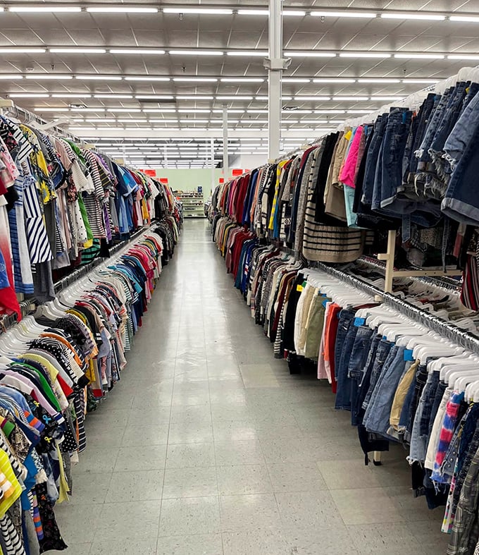 The denim highway—where jeans from every decade line up like a fashion timeline waiting for their second chance at stylishness.