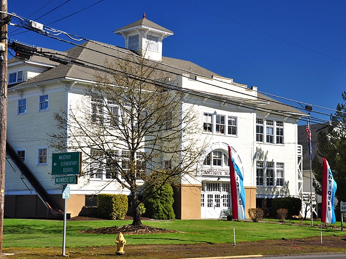 The majestic Lafayette Schoolhouse Antique Mall stands as a testament to when educational buildings were architectural statements, now filled with historical treasures instead of students.