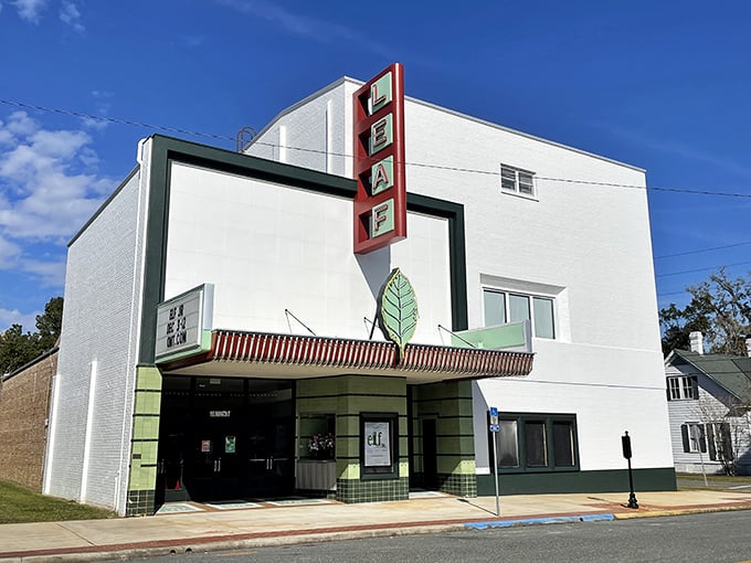 The Leaf Theater's Art Deco façade promises entertainment without the astronomical ticket prices of big-city venues. Small town, big personality.