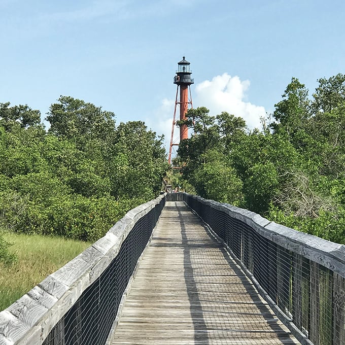 The lighthouse beckons at the end of this wooden path—like the world's most picturesque "We're not in Kansas anymore" moment.