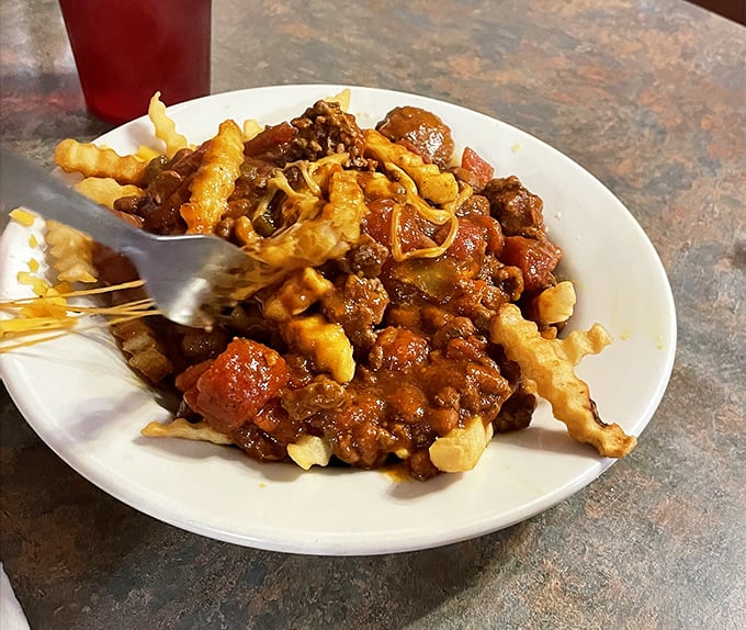 Chili cheese fries that laugh in the face of utensils—a glorious mess that transforms a side dish into the main event worth every napkin.