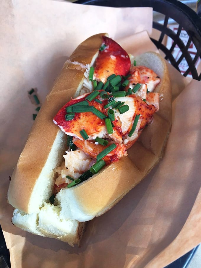 The lobster roll that launched a thousand return visits—buttery, fresh, and adorned with chives like jewelry on culinary royalty.