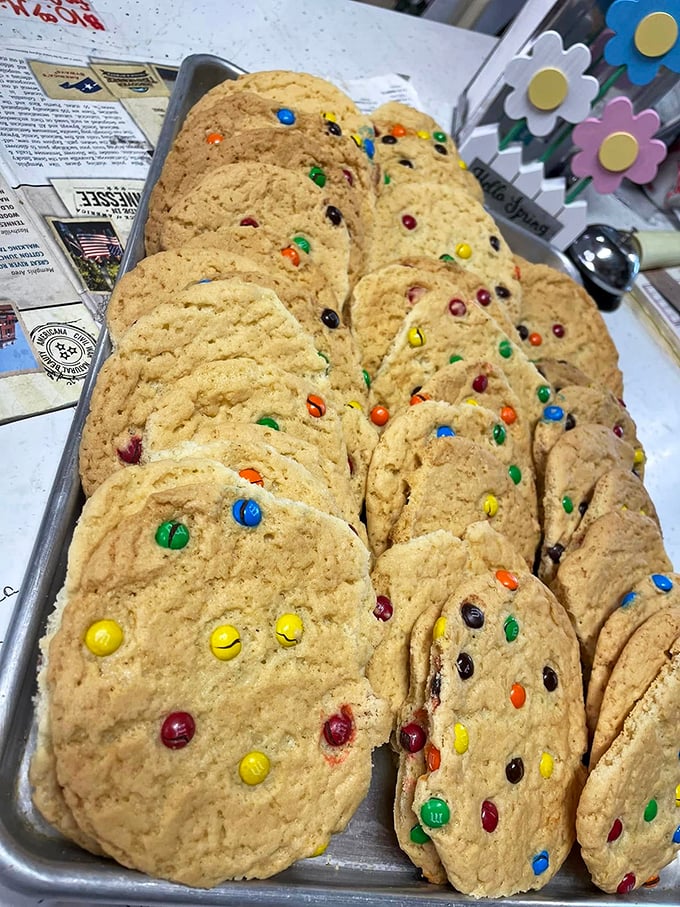M&M cookies that bring back childhood memories but taste better than nostalgia has any right to – colorful candy gems nestled in perfect golden dough.