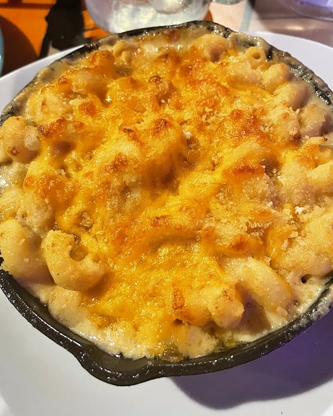 Mac and cheese that's achieved the perfect cheese-pull consistency. This isn't the stuff from the blue box—it's what that stuff dreams of becoming when it grows up.