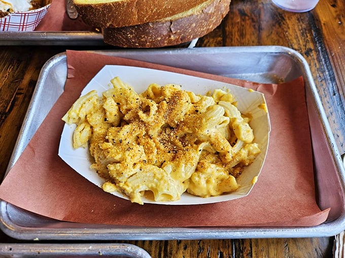 Mac and cheese that achieves the impossible: creamy yet structured, with a golden top that makes you want to break through like a crème brûlée.
