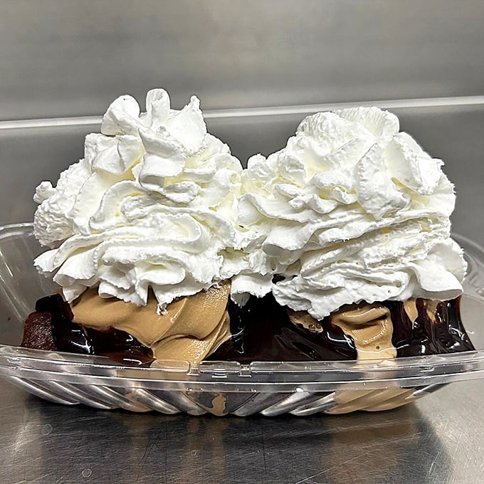 This hot fudge sundae isn't just dessert, it's architecture – towering whipped cream atop rivers of fudge and creamy ice cream below.