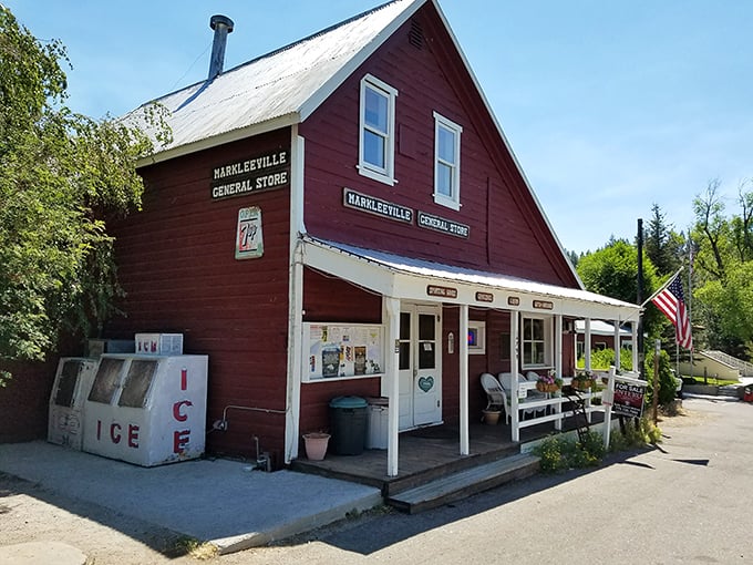 The Markleeville General Store isn't playing dress-up—it's the genuine article. That ice box out front isn't decorative; it's practical mountain living.