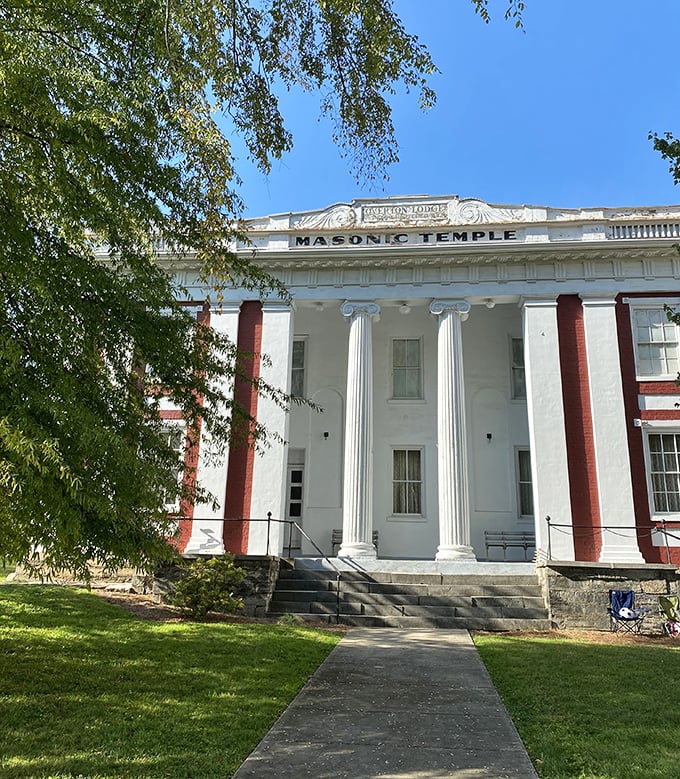 The Masonic Temple stands as a stately reminder of Rogersville's historical significance, its columns and symmetry speaking to an era of meticulous craftsmanship.