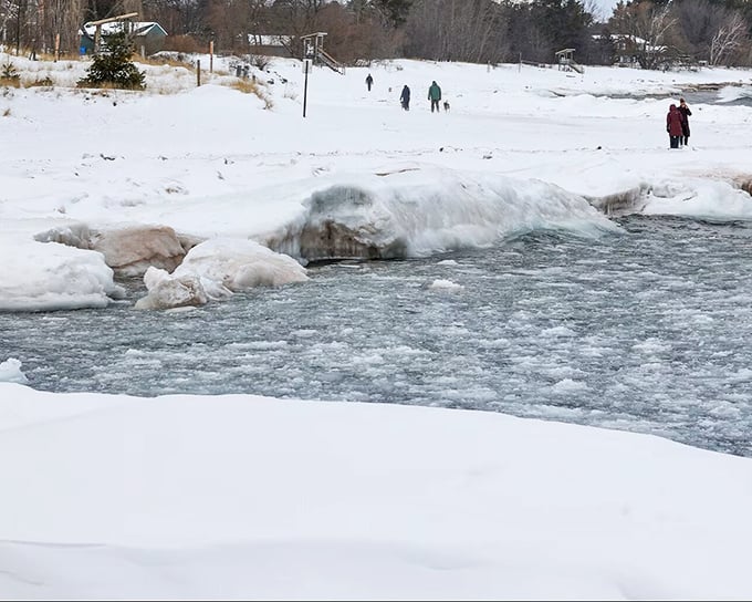 Even in winter's grip, Lake Superior's partially frozen waters beckon the brave, while snow-covered shores create nature's perfect viewing platform.