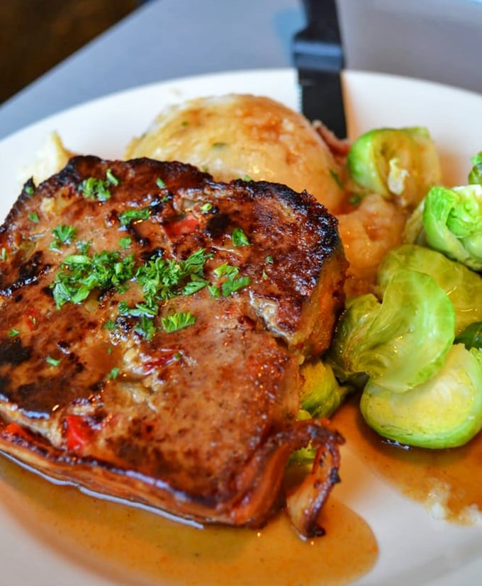 Meatloaf that would make your grandmother simultaneously proud and jealous. Those Brussels sprouts aren't just along for the ride—they're essential co-stars.