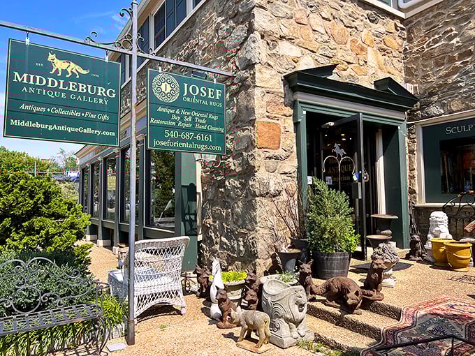 Antique shopping in Middleburg isn't just browsing—it's time travel with price tags and the occasional stone fox guarding the entrance.