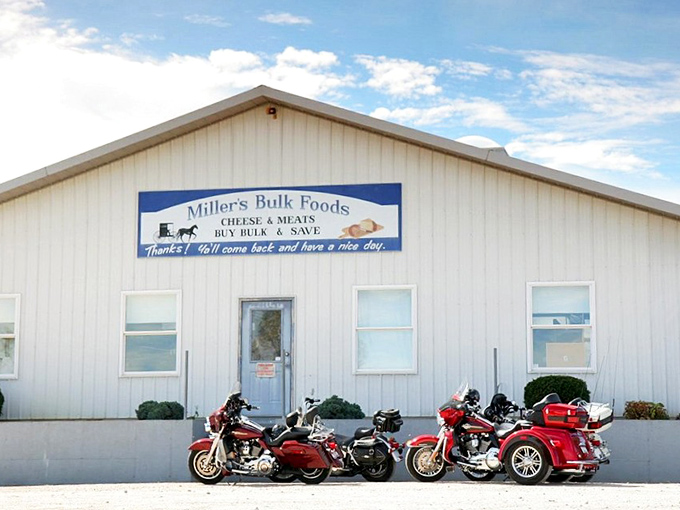 Where motorcycles meet Mennonites. Miller's Bulk Foods offers a delicious culture clash—chrome and cheese existing in perfect harmony.