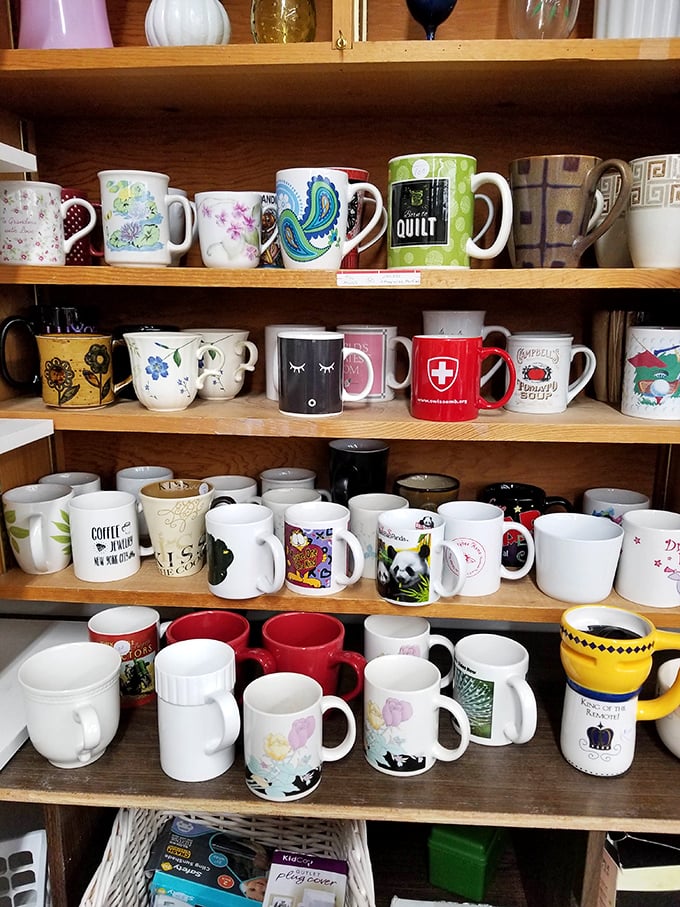 The mug wall – where coffee vessels from vacations never taken and companies long forgotten find new homes with morning brew enthusiasts.