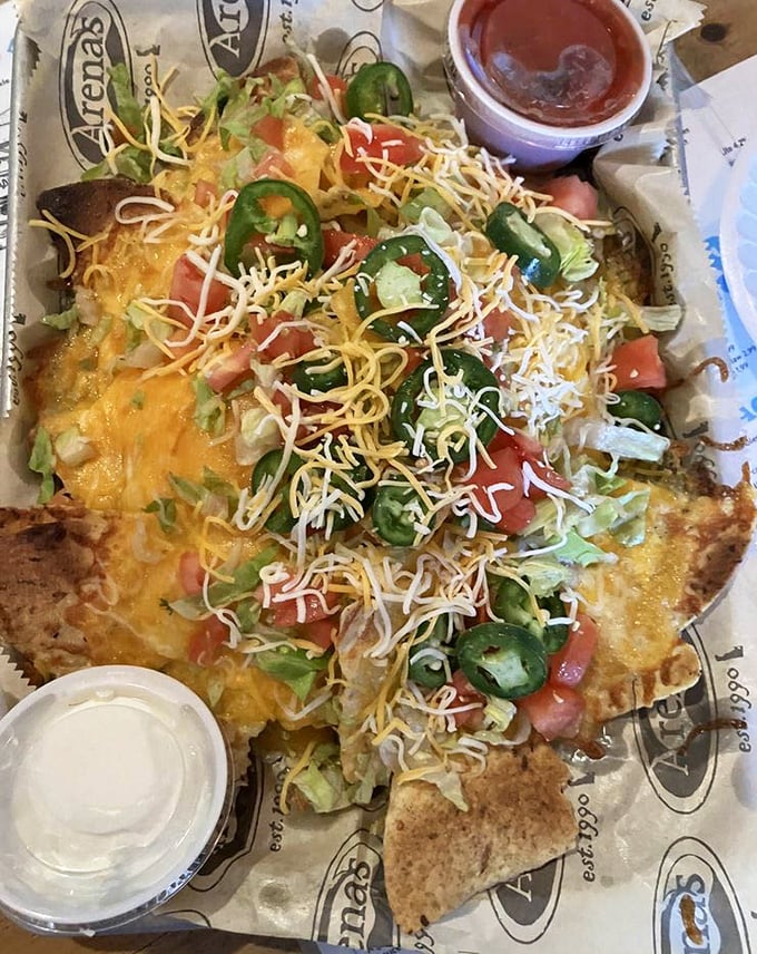 Arena's nachos don't mess around—loaded with jalapeños, cheese, and fresh toppings, they're the United Nations of appetizers bringing people together.