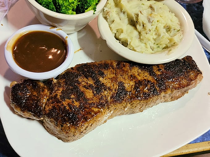 The New York Strip arrives looking like it just won a beauty pageant for beef – and rightfully so.