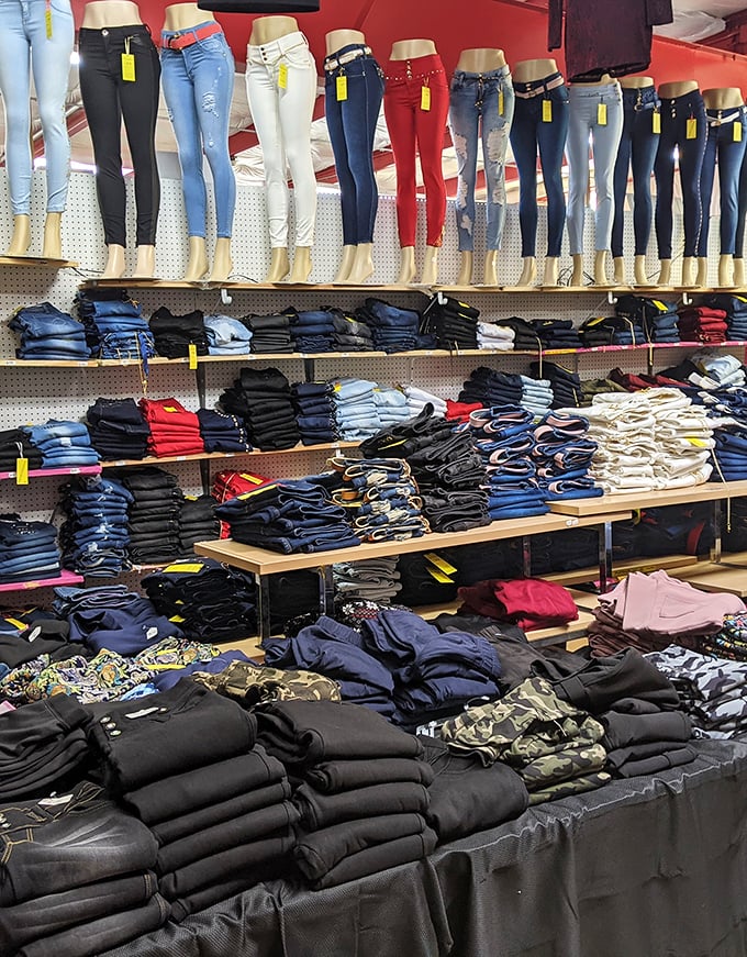 Denim paradise where jeans dreams come true. With this many options, finding the perfect pair is like striking fashion gold in the retail wilderness.