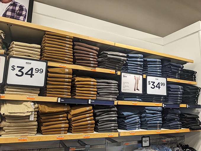 The perfectly folded pants display is retail's version of meditation—calming, orderly, and about to be completely disrupted by shoppers.