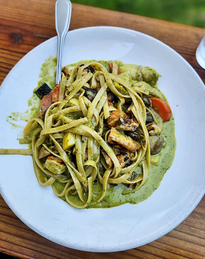 Pasta that looks like it took a delicious vacation to the California coast. Those vegetables aren't just toppings; they're co-stars in this dish.