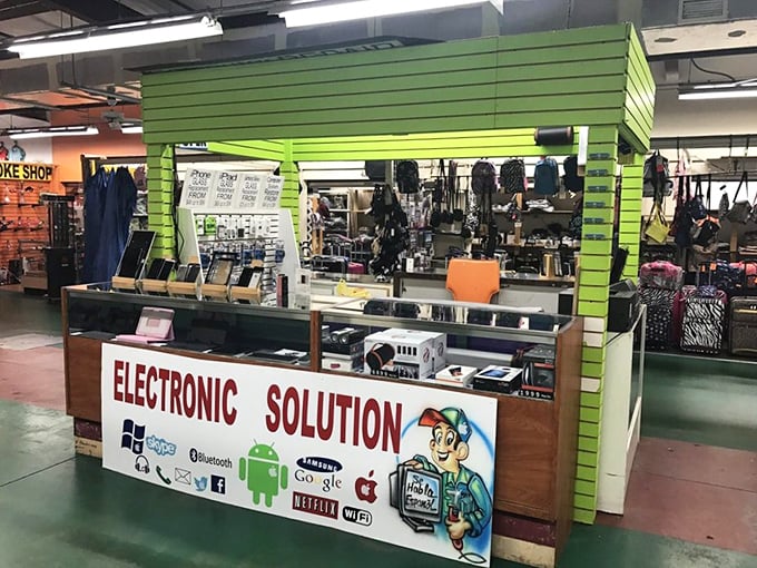 The "Electronic Solution" booth – where your digital dilemmas disappear faster than your vacation money at the theme parks.