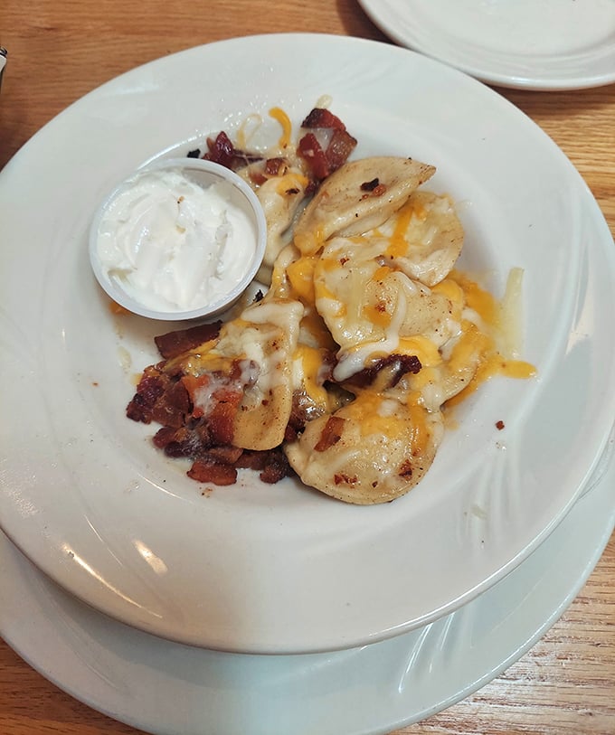 Pierogies with bacon and cheese—the Eastern European answer to "what should I eat when I want to be happy?" Pure potato pocket perfection.