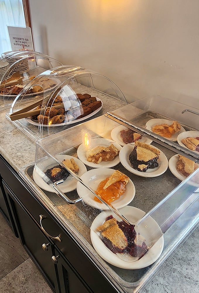 The pie case at Dutch Kitchen—where willpower goes to die and dessert dreams come true.