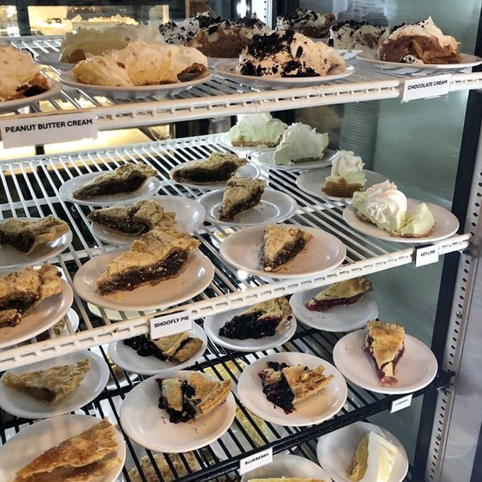 This pie case is basically a museum of sugar and butter, where every slice deserves its own spotlight.
