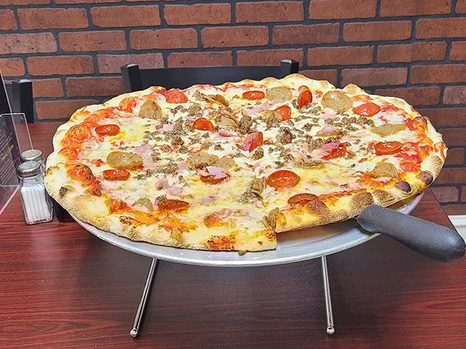 This isn't just pizza—it's a celebration on a pan, with melted cheese stretching for days and toppings playing a delicious symphony.