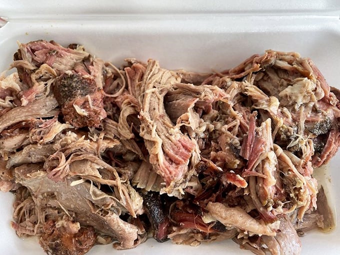 Pulled pork that surrenders completely to the fork—tender strands bearing witness to hours of patient smoking and barbecue wisdom.