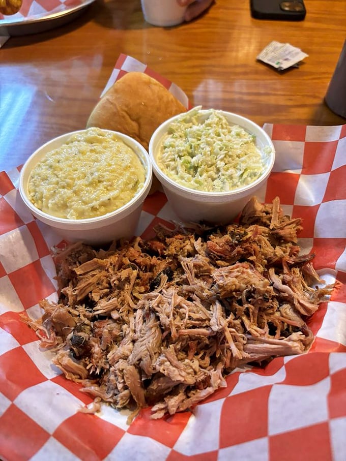 Pulled pork with mac and cheese and slaw – the holy trinity of Southern comfort. Napkins recommended, bibs optional.