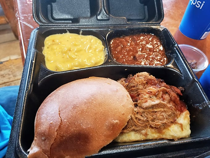 Pulled pork nestled on a bun like it's found its forever home, with sides playing perfect supporting roles.