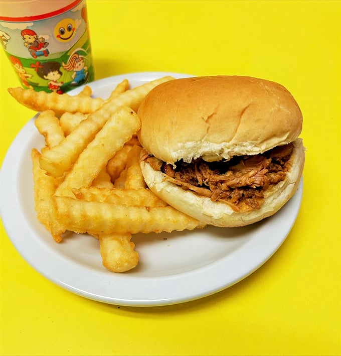 The pulled pork sandwich in its purest form – a soft bun cradling tender, smoky meat with crispy fries standing guard.